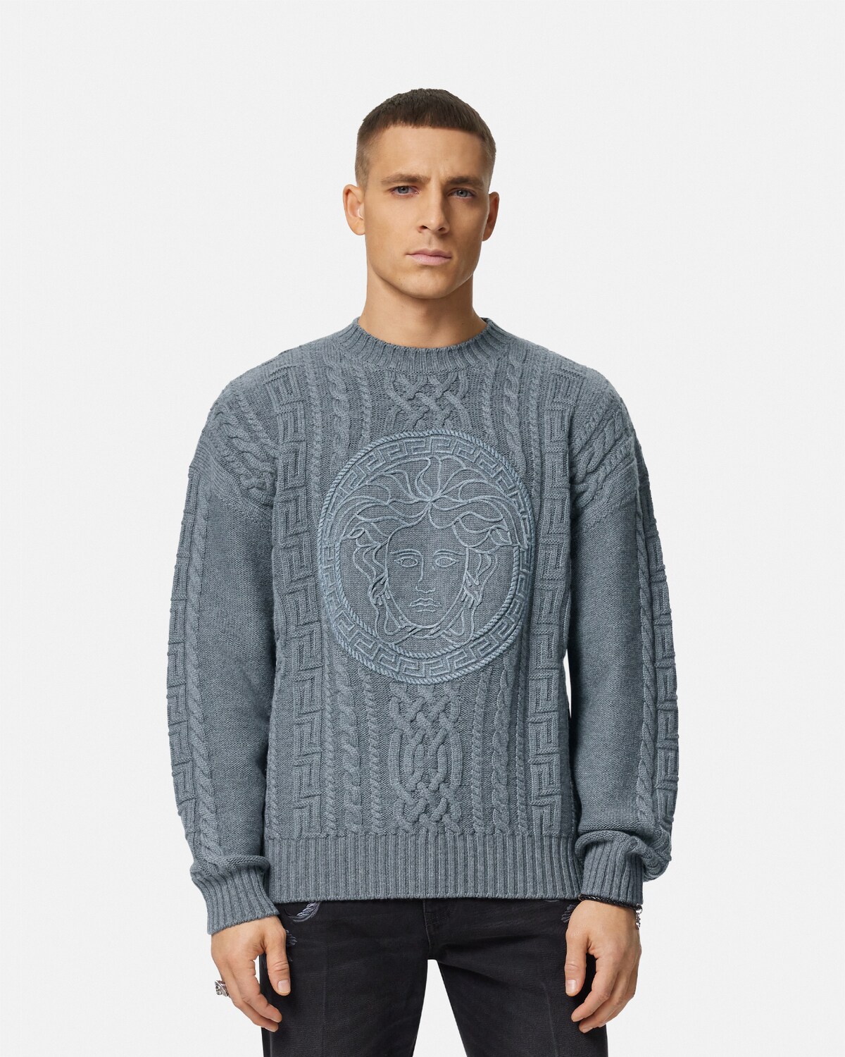 Medusa Cable-Knit Sweater Gray | VERSACE