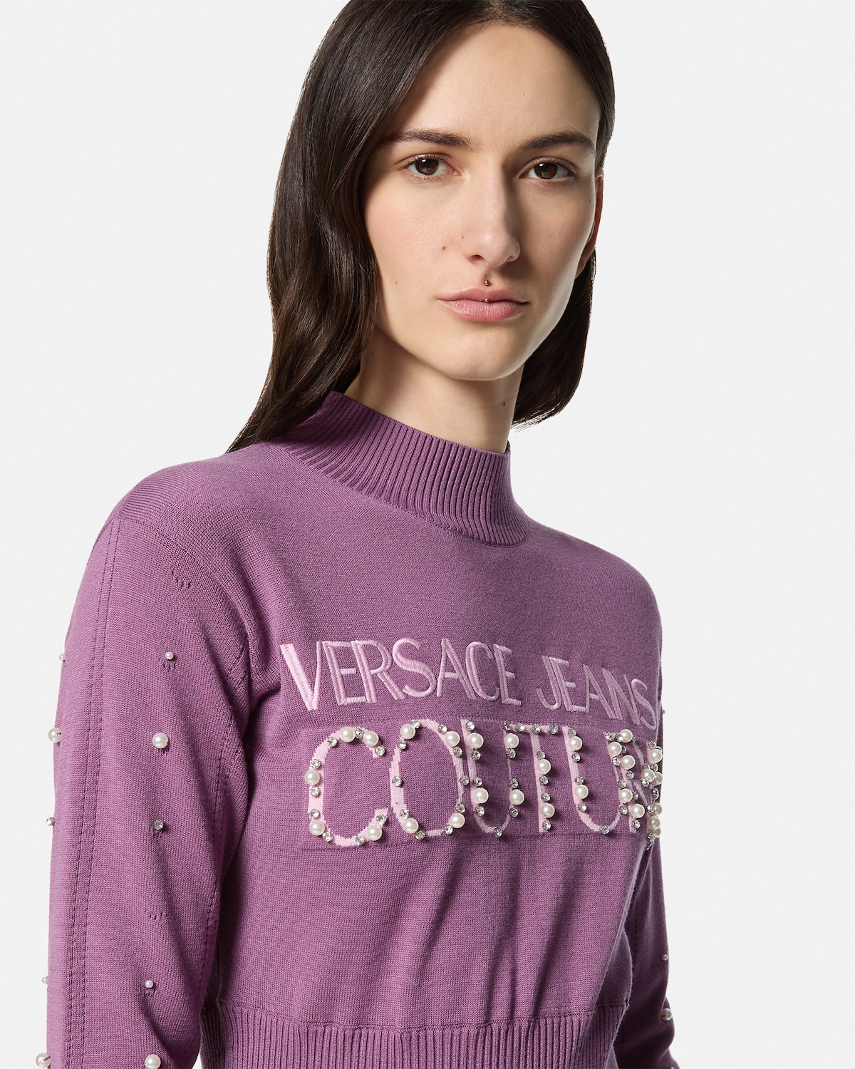 Embellished Logo Knit Long Dress Purple | VERSACE IN