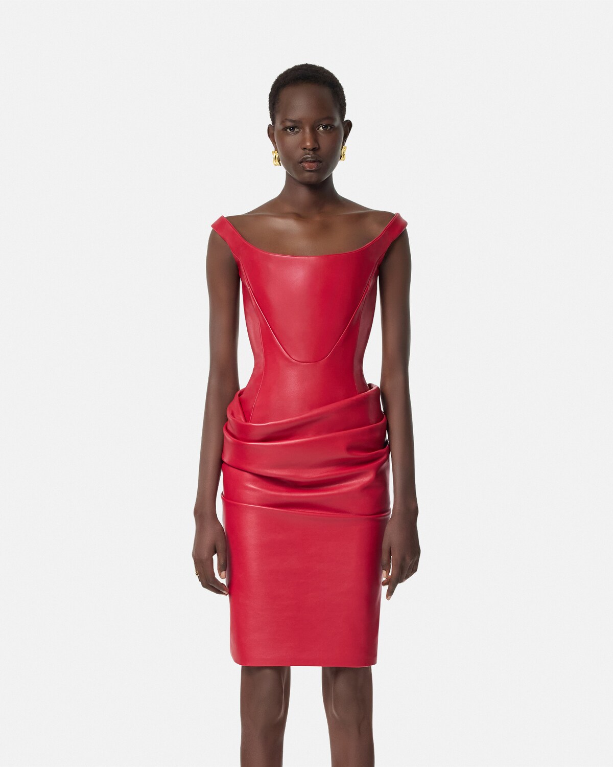 Leather Corset Draped Midi Dress Red | VERSACE US