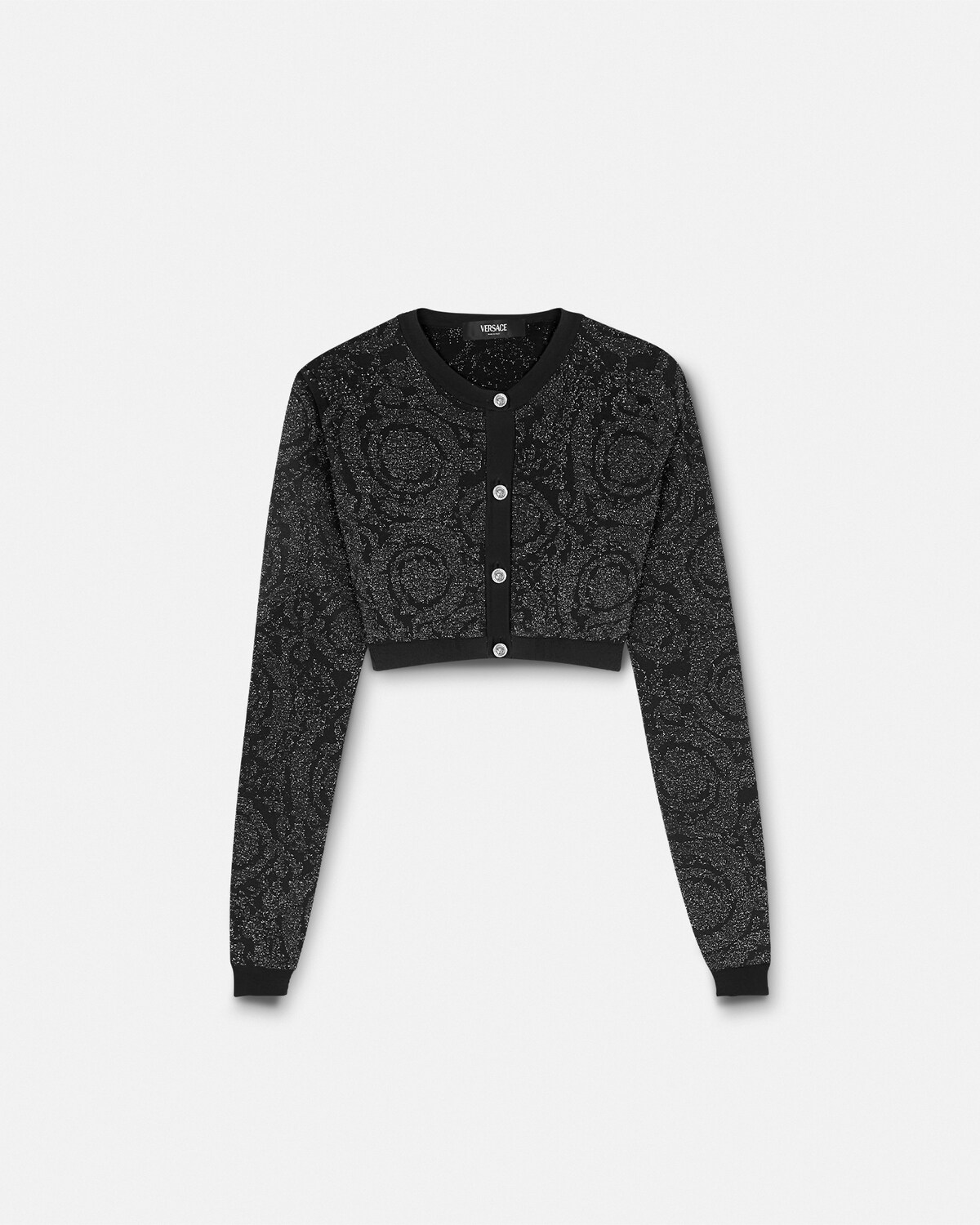 Versace Barocco Lurex Crop Knit Cardigan | VERSACE