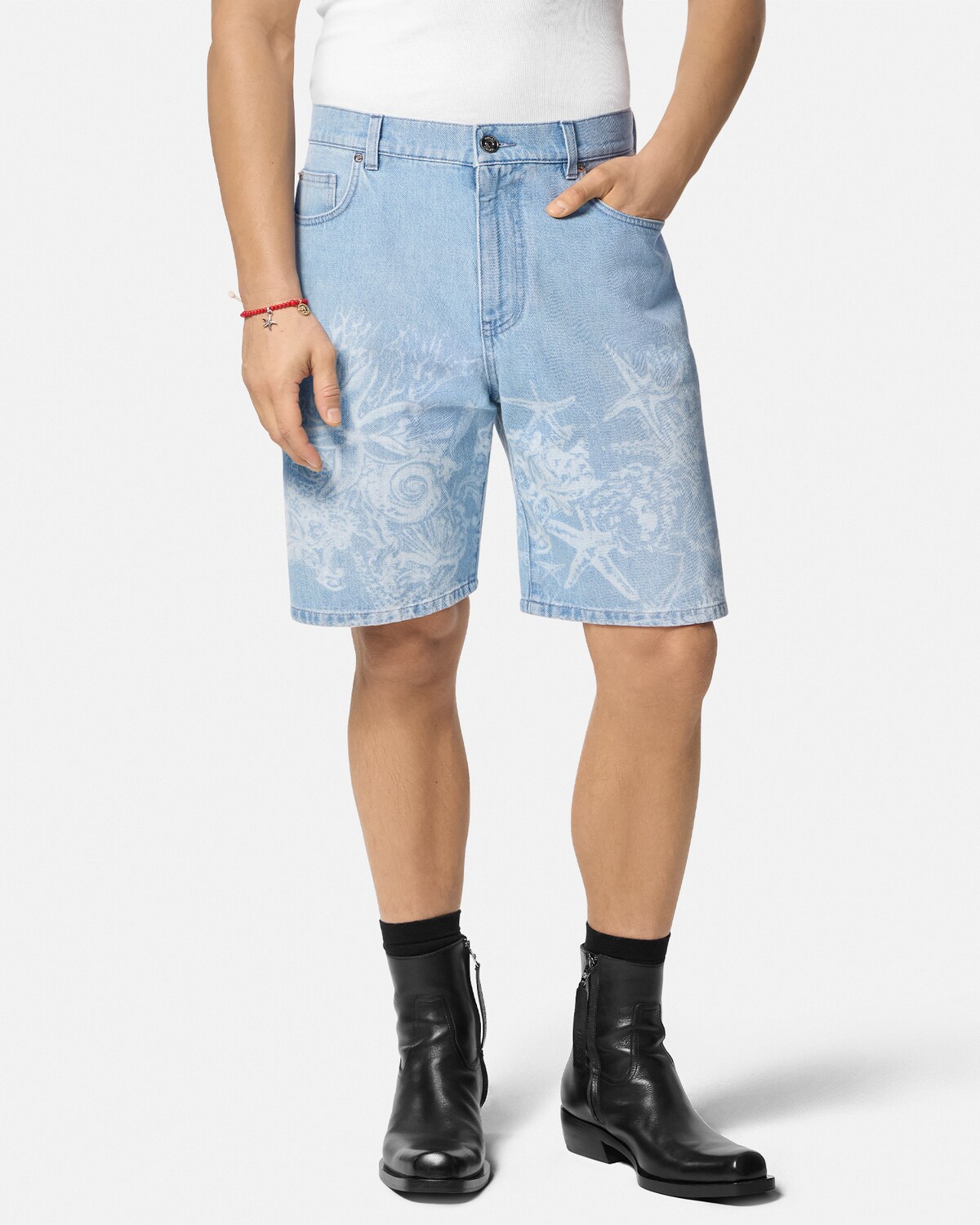 Lasered Barocco Sea Denim Shorts | VERSACE TH