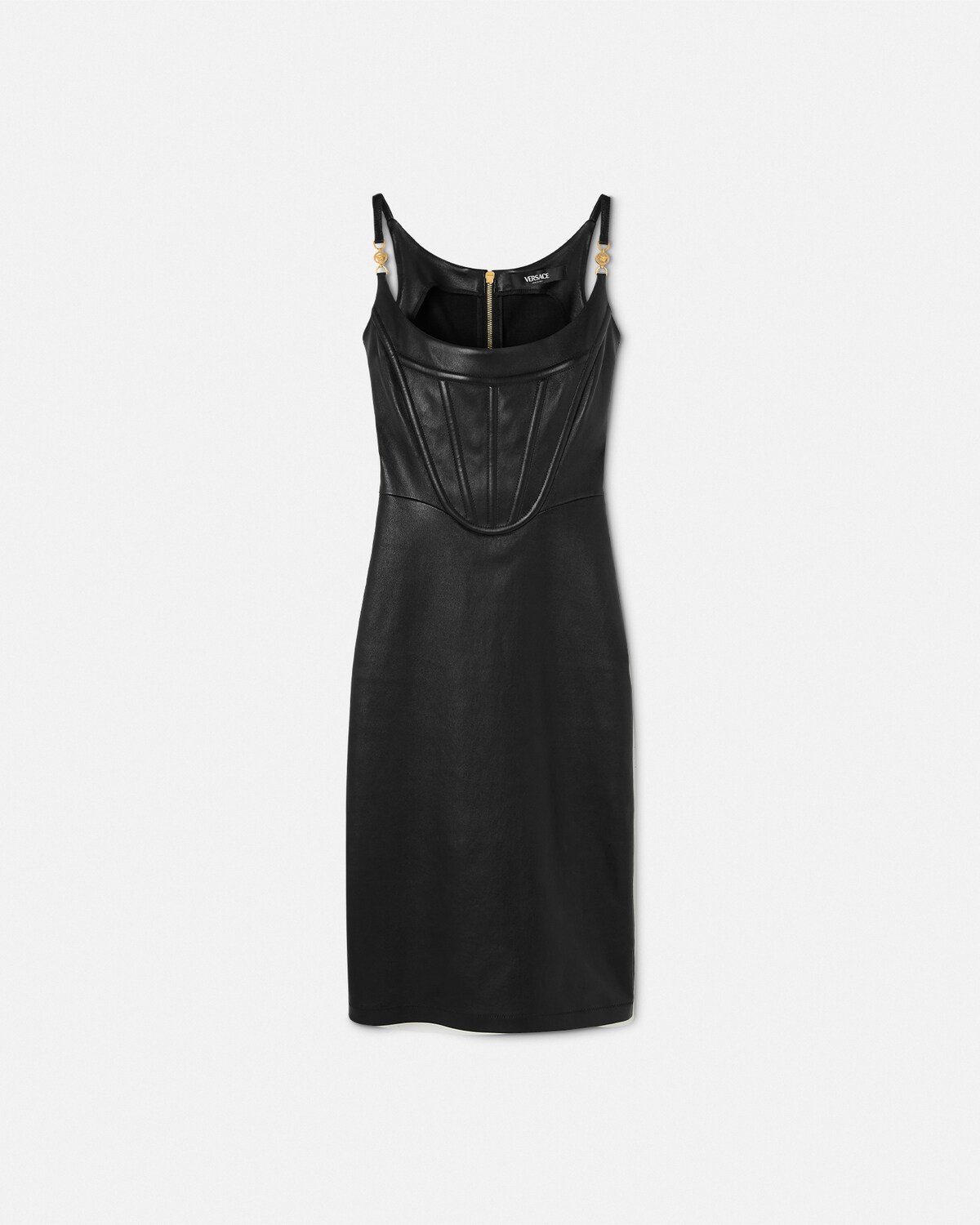 Medusa '95 Corset Leather Midi Dress Black | VERSACE IN