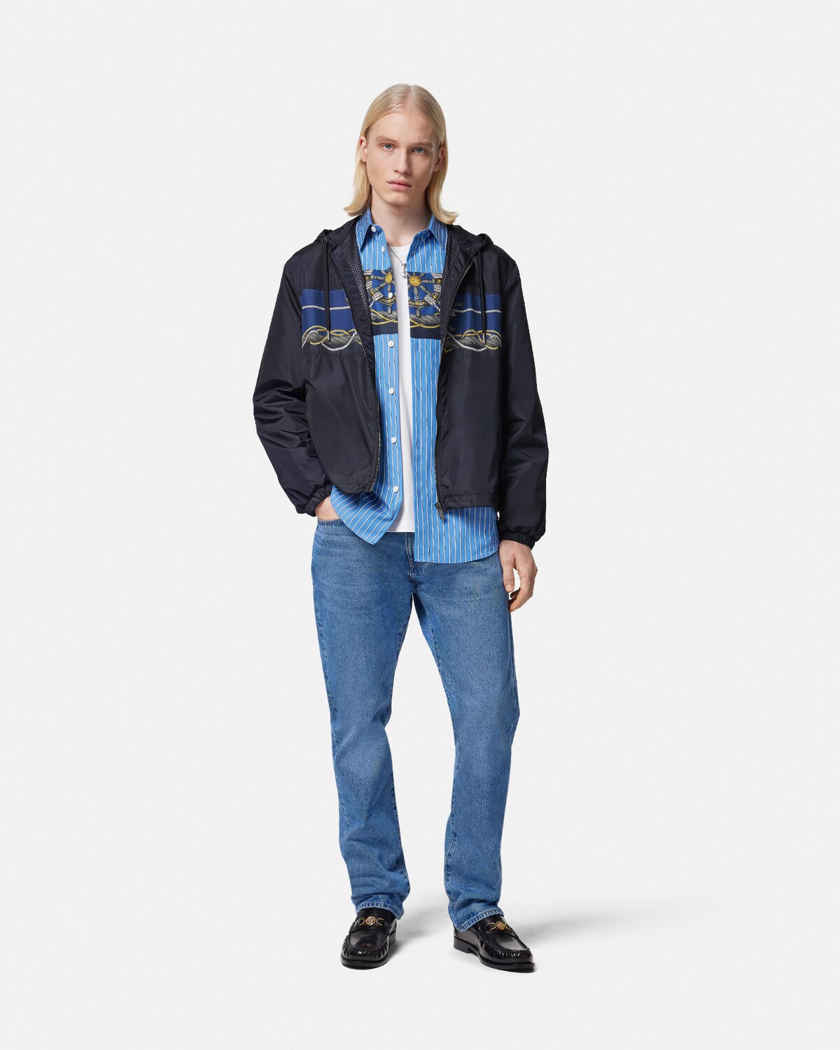 Versace Nautical Windbreaker Jacket Blue,Print | VERSACE AU