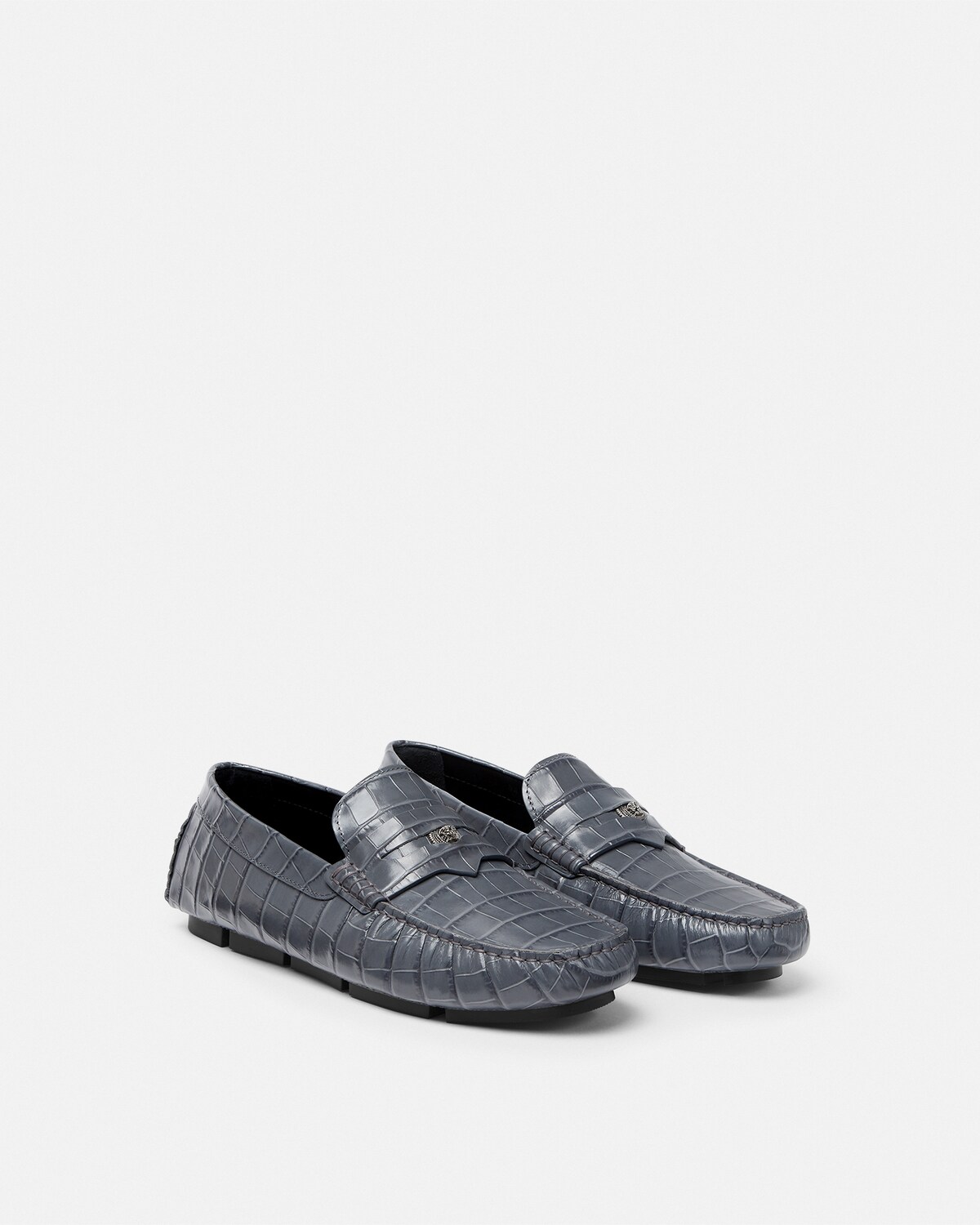 Medusa Croc-Effect Leather Driver Shoes Gray | VERSACE CA
