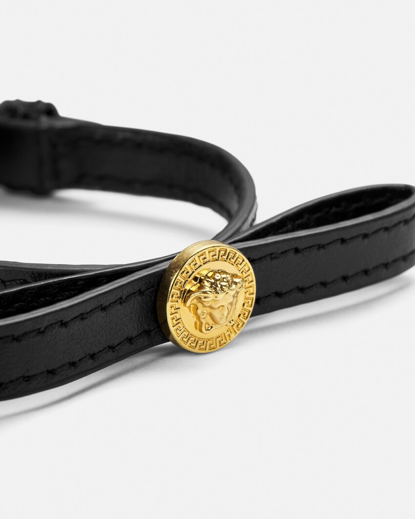 Gianni Ribbon Leather Bracelet Black,Gold | VERSACE US