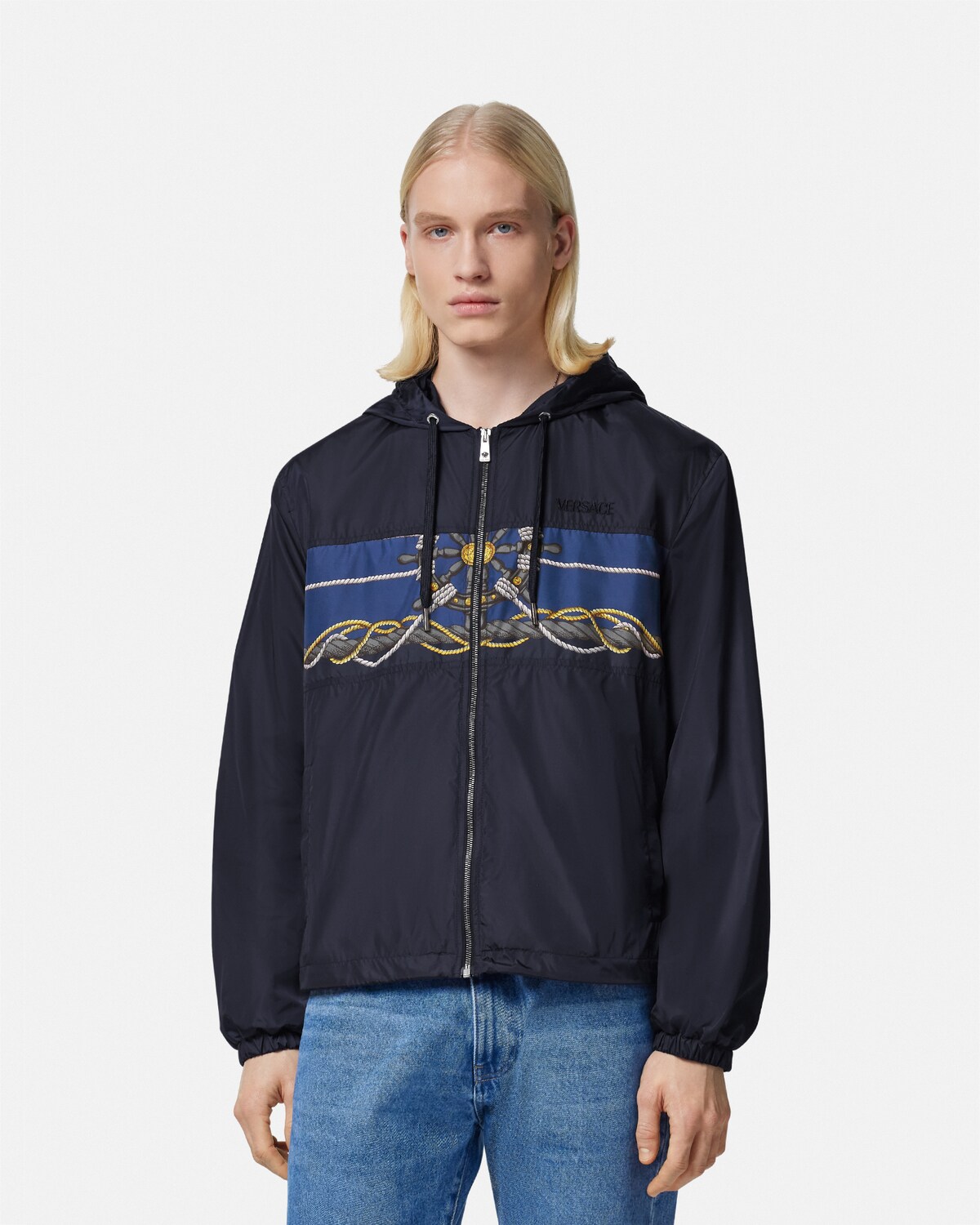 Versace Nautical Windbreaker Jacket Blue,Print | VERSACE AU