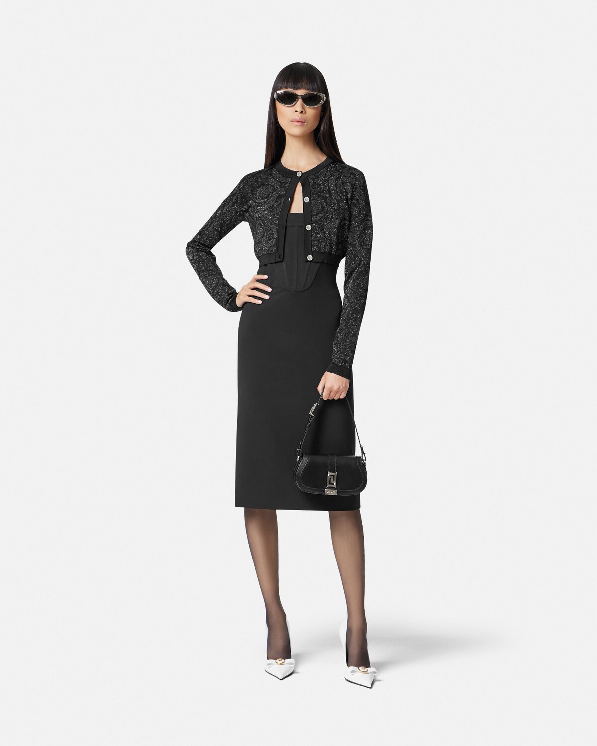 Versace Barocco Lurex Crop Knit Cardigan | VERSACE