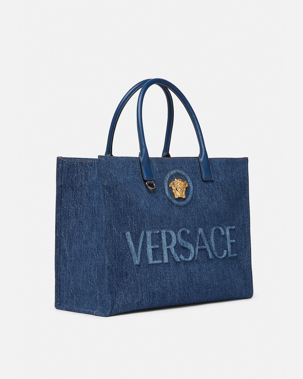 La Medusa Denim Large Tote Bag Blue | Versace US