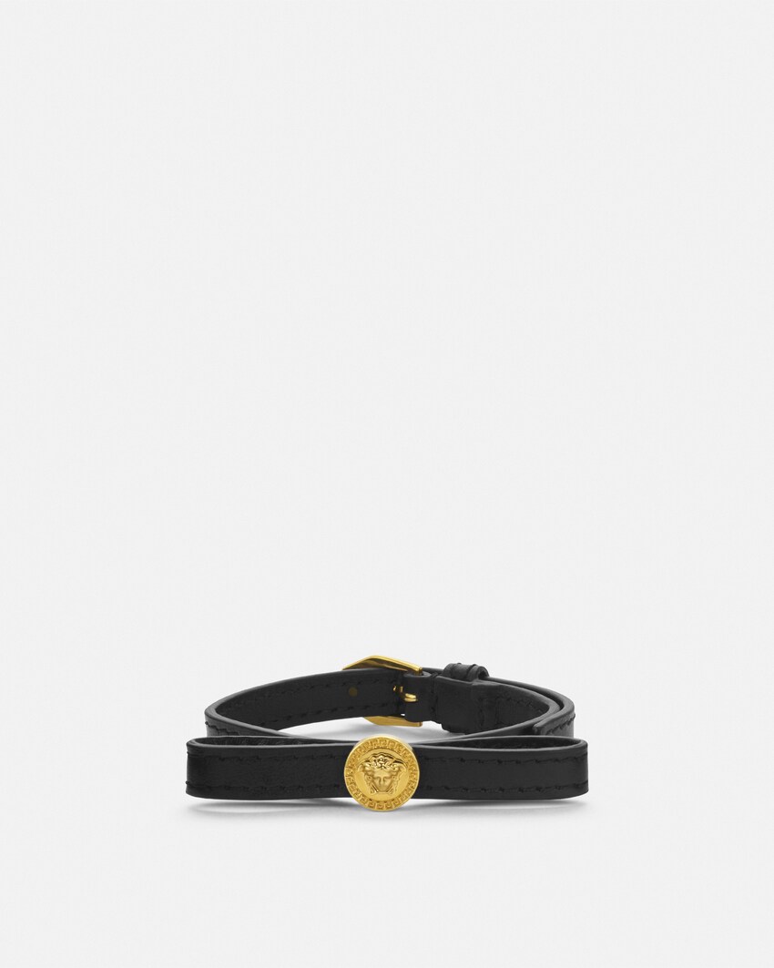 Gianni Ribbon Leather Bracelet Black,Gold | VERSACE US