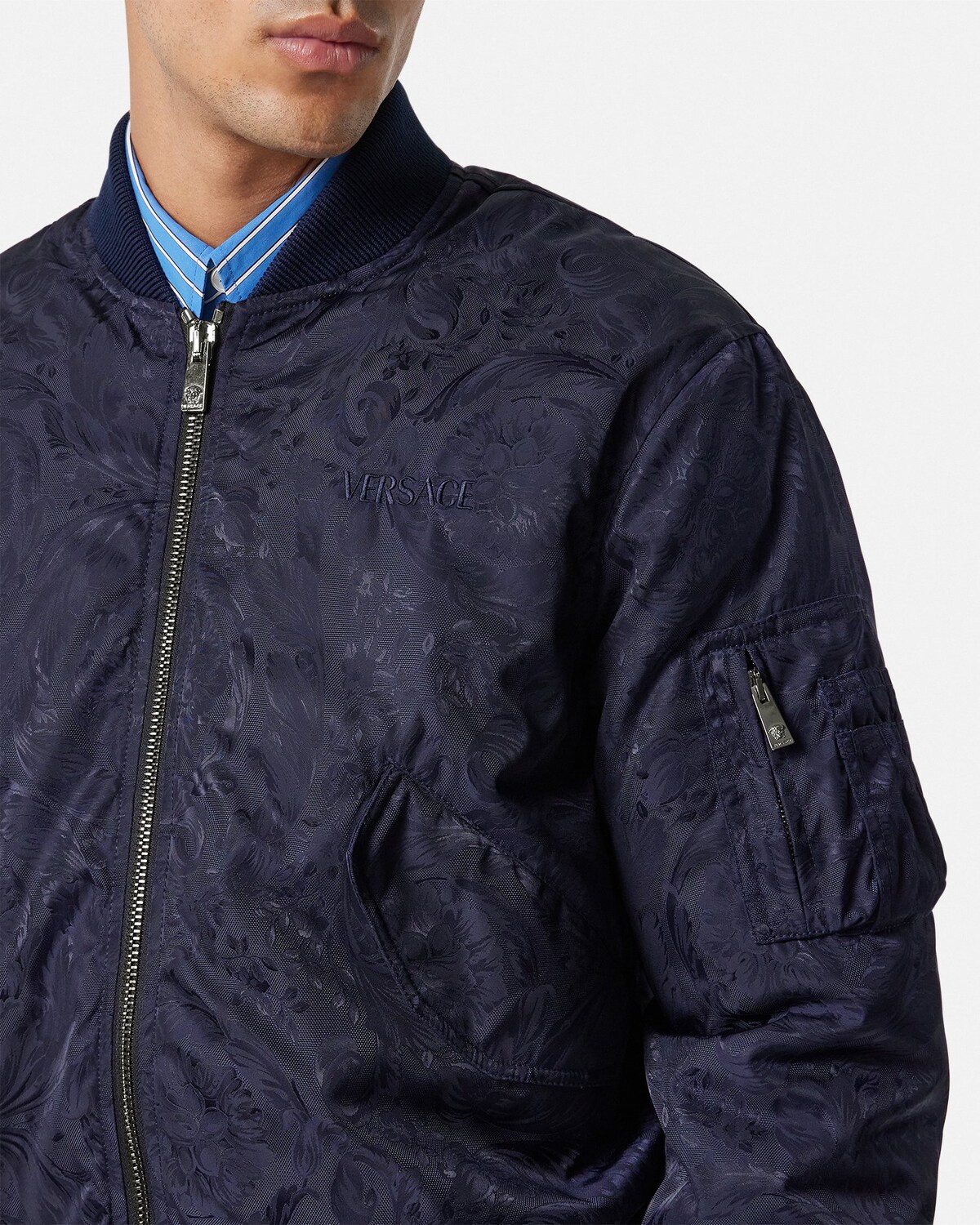Barocco Jacquard Bomber Jacket Blue | VERSACE US