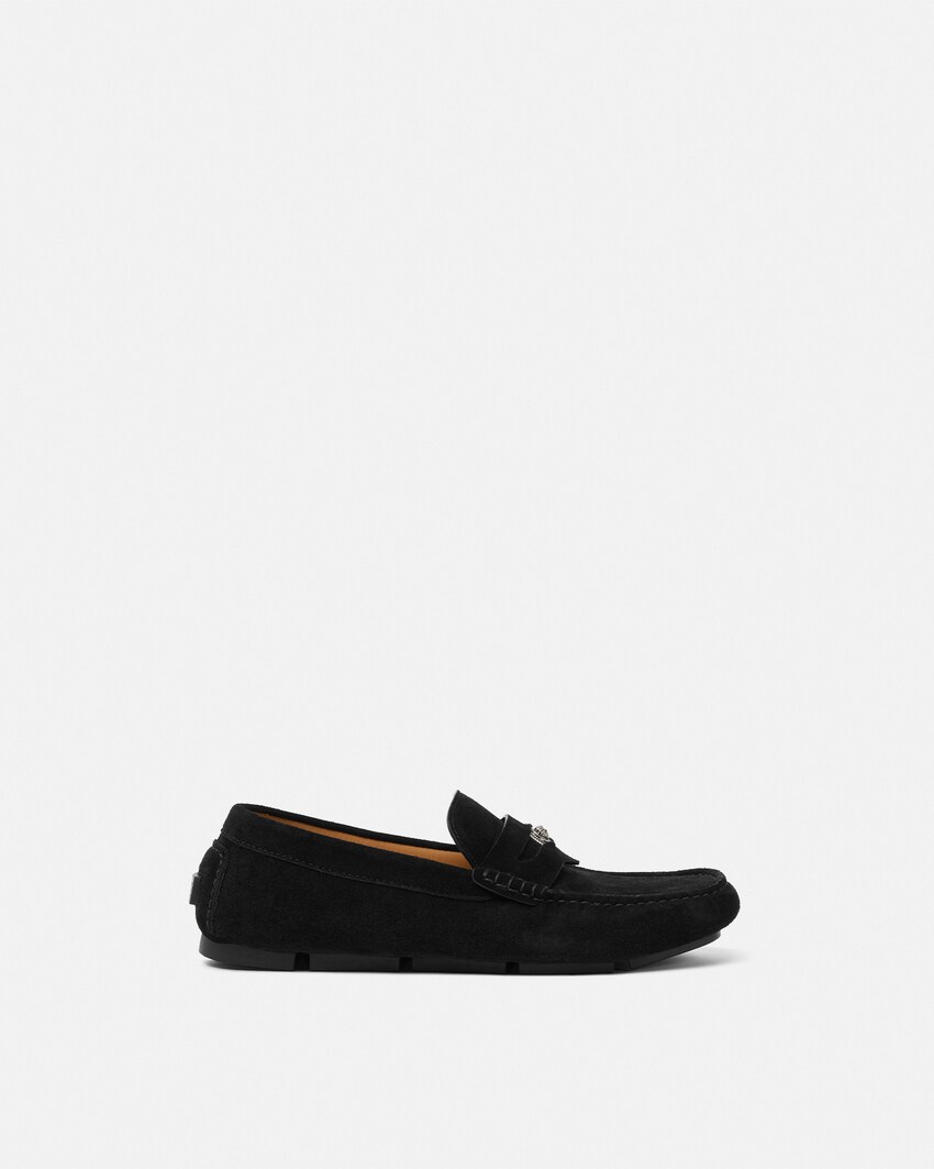 Medusa Biggie Suede Driver Shoes Black | VERSACE