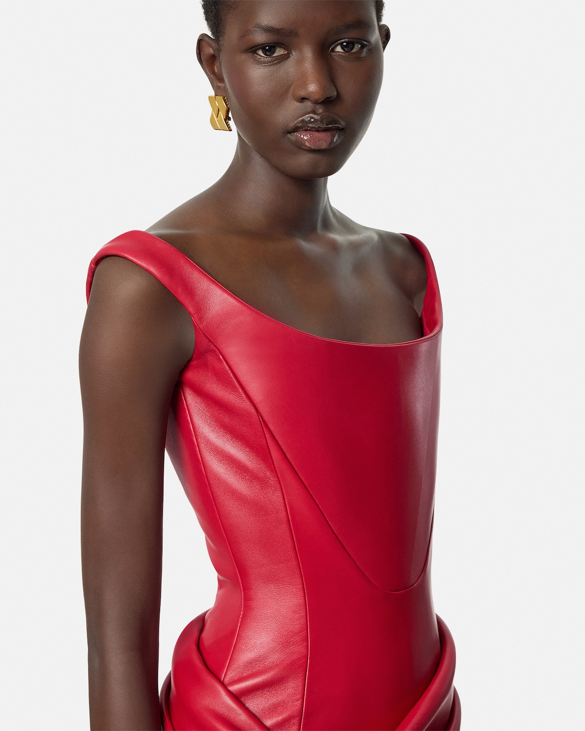 Leather Corset Draped Midi Dress Red | VERSACE ZA