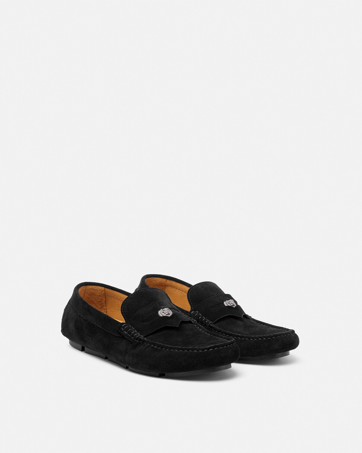 Medusa Biggie Suede Driver Shoes Black | VERSACE US