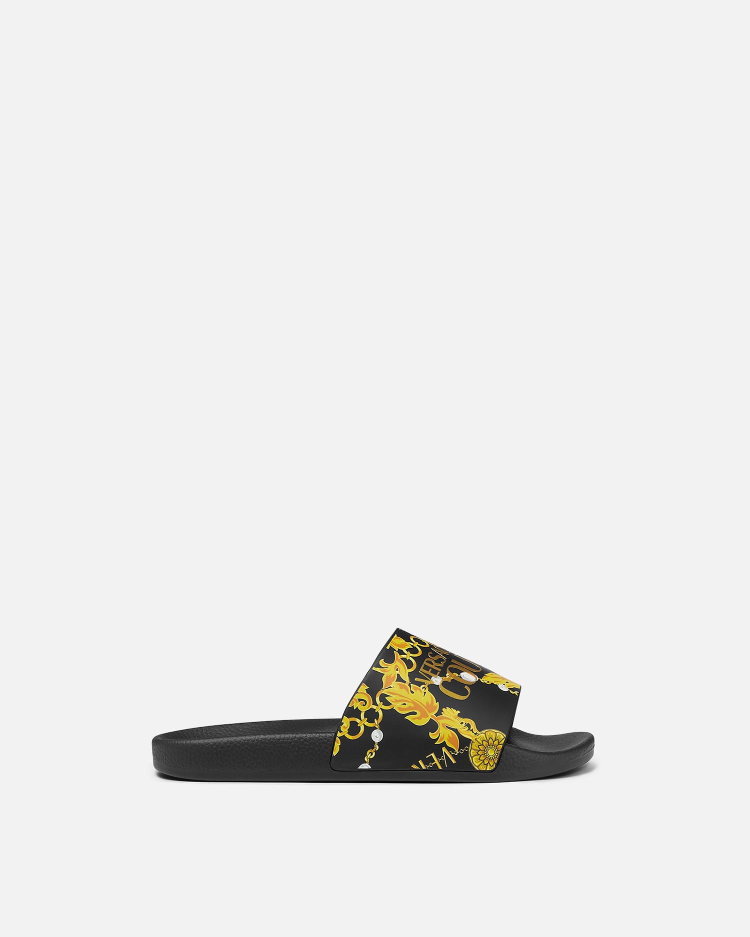 Versace Jeans Couture Shelly Chain Couture Sliders In Black+gold | ModeSens