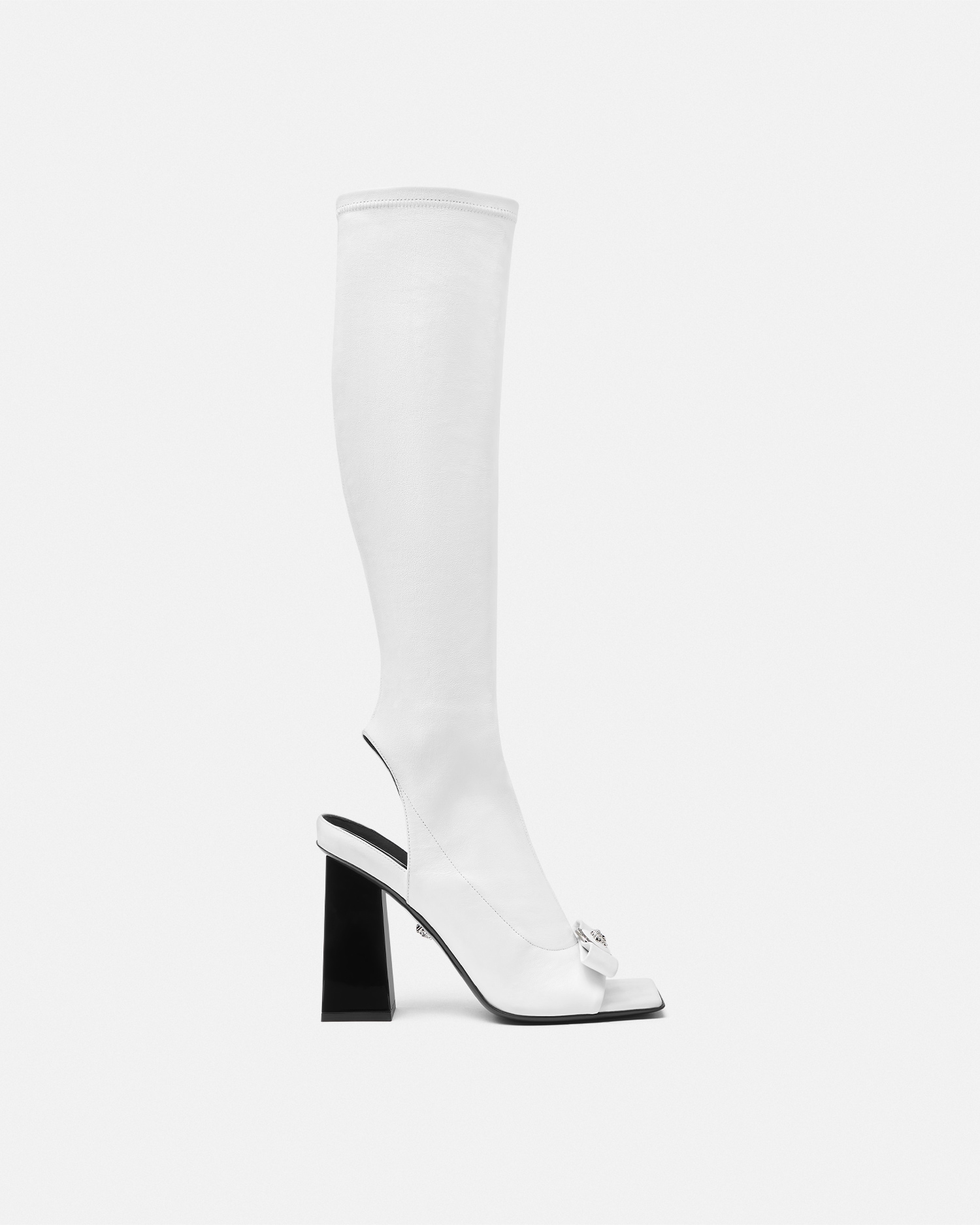 Versace Gianni Ribbon Open Knee-high Boots In White | ModeSens